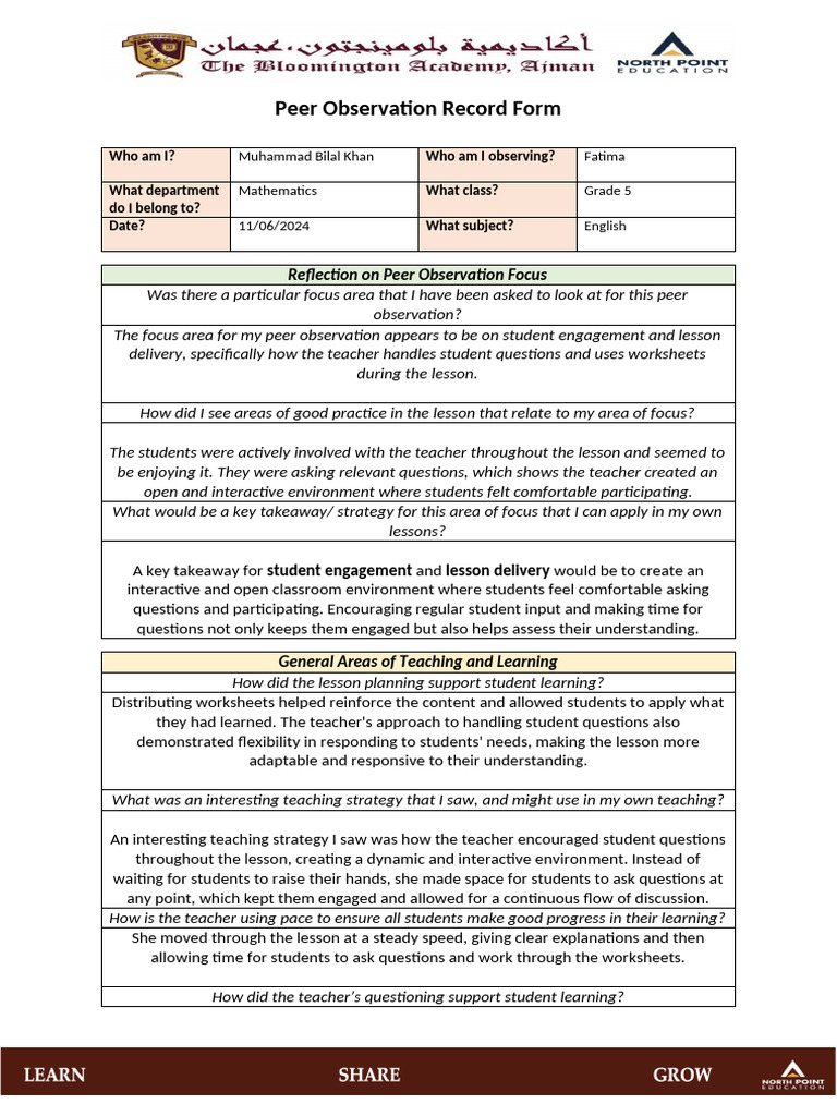 Bloomington - Peer Observation Form - Blank | PDF | Teachers | Learning