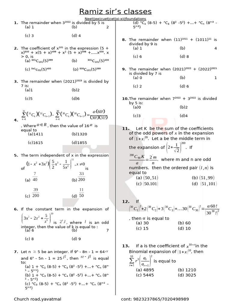 DPP (P and C, Binomial THM) | PDF | Numbers | Triangle
