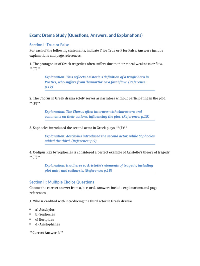 Drama Exam Questions Answers Explanations | PDF