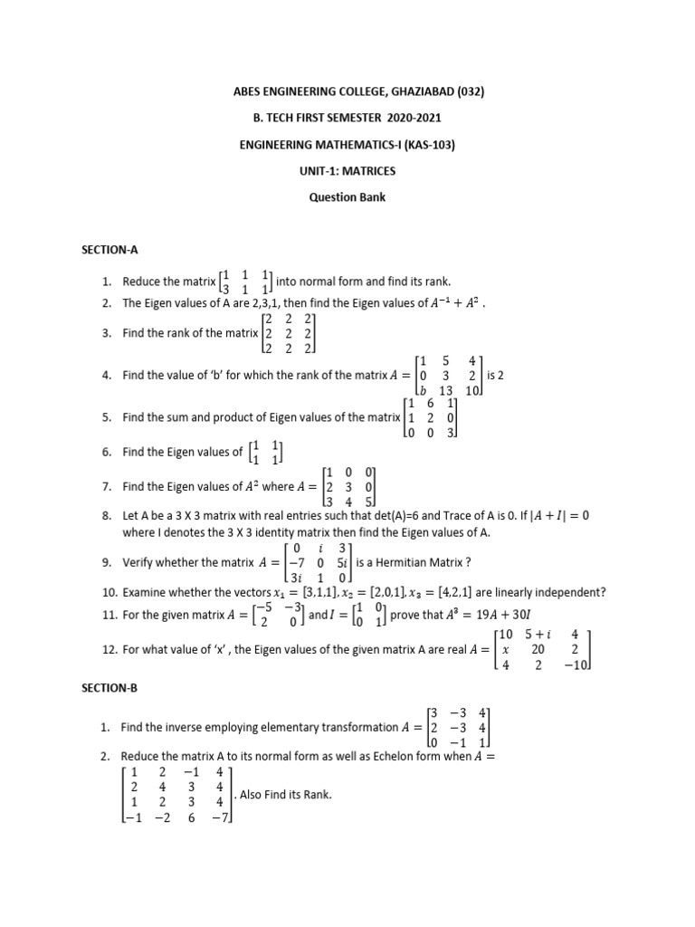 Unit1_Question Bank | PDF | Matrix (Mathematics) | Eigenvalues And Eigenvectors