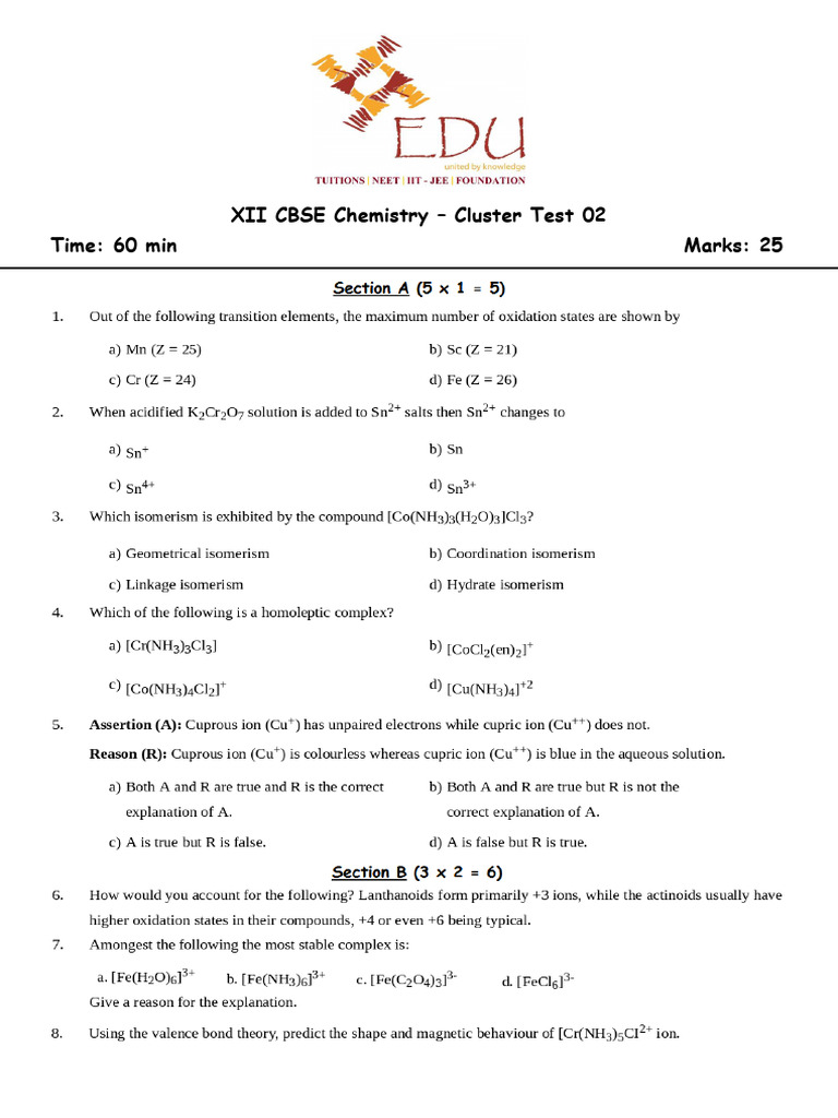 Chemistry Cluster Test 02 (QP) - 28.12.2024 | PDF