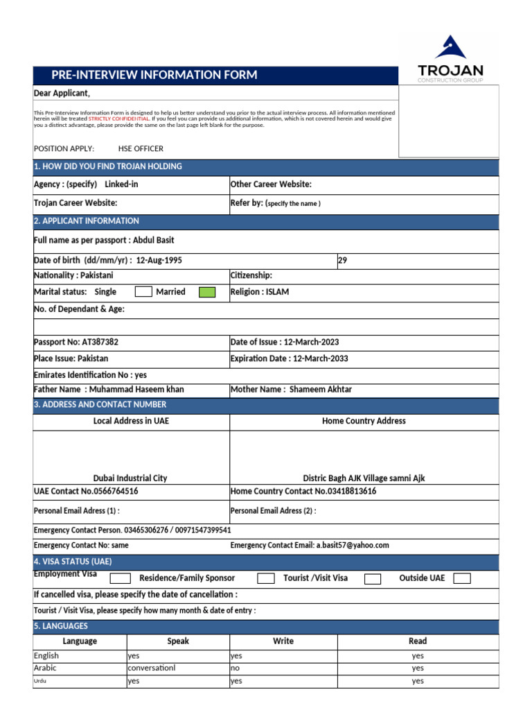 Complete Pre-Interview Form 001 | PDF | United Arab Emirates | Travel Visa