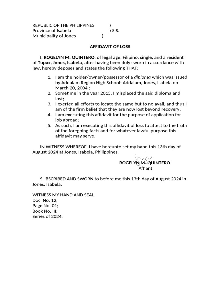 Affidavit of Loss of Diploma | PDF