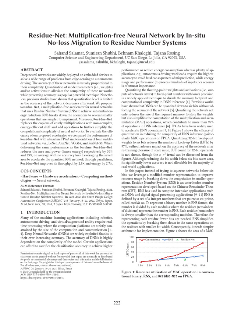 Residue-Net Multiplication-Free Neural Network by In-Situ No-Loss ...
