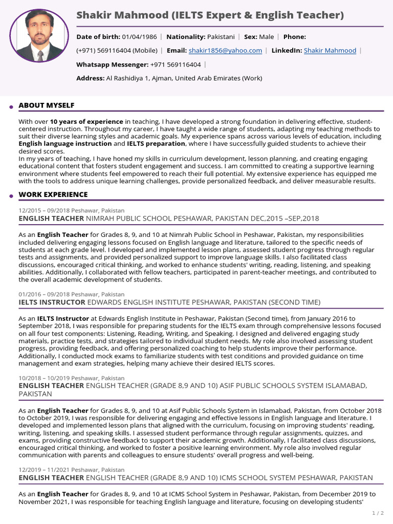 Shakir Mahmood CV 06-12-2024 | PDF | Lesson Plan | Teachers