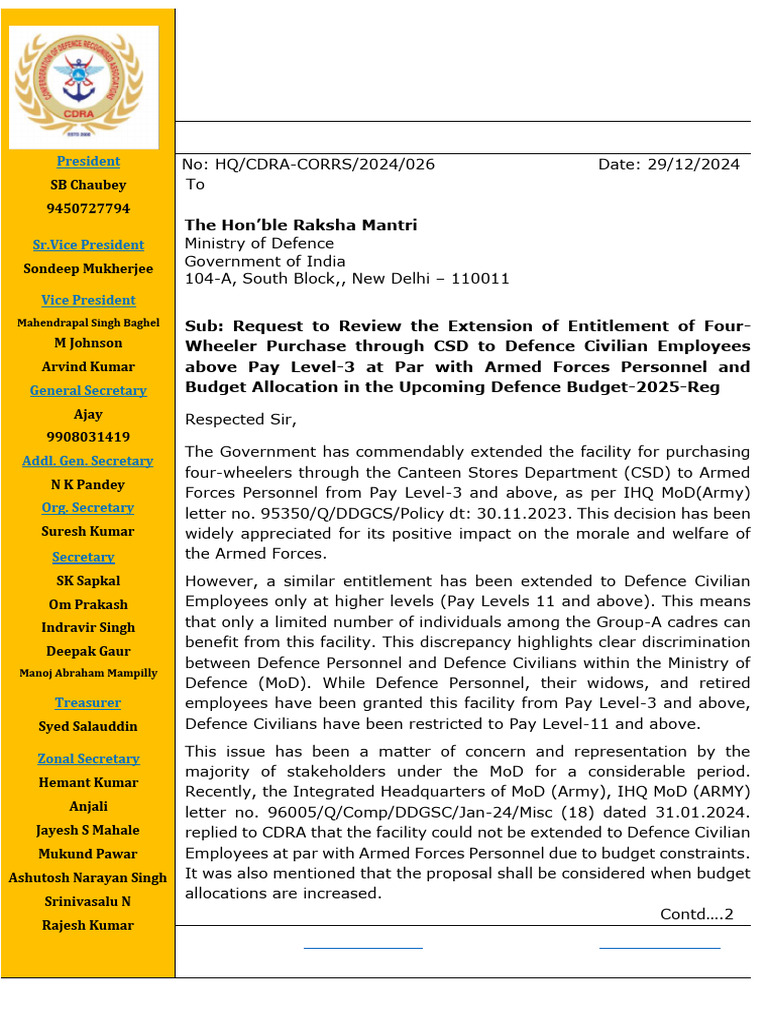 Cdra LTR To RM For CSD Four Wheeler - Defence Civilians | PDF | Defense ...