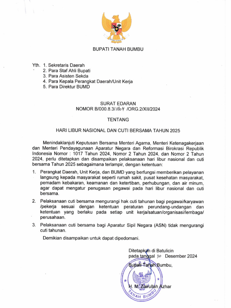 Surat Edaran Cuti Bersama Tahun 2025 | PDF