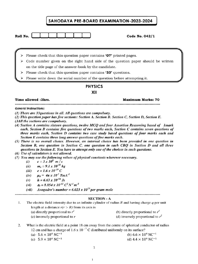 Xii-Physics - QP (Set - 1) - VST | PDF