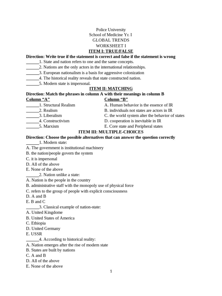 International Relations Concepts Worksheet | PDF | Political Science ...