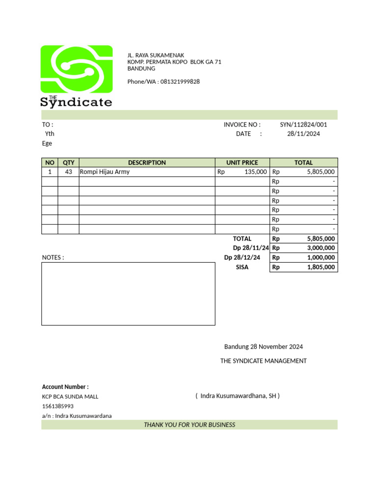 Invoice Po Rompi Hijau Army | PDF