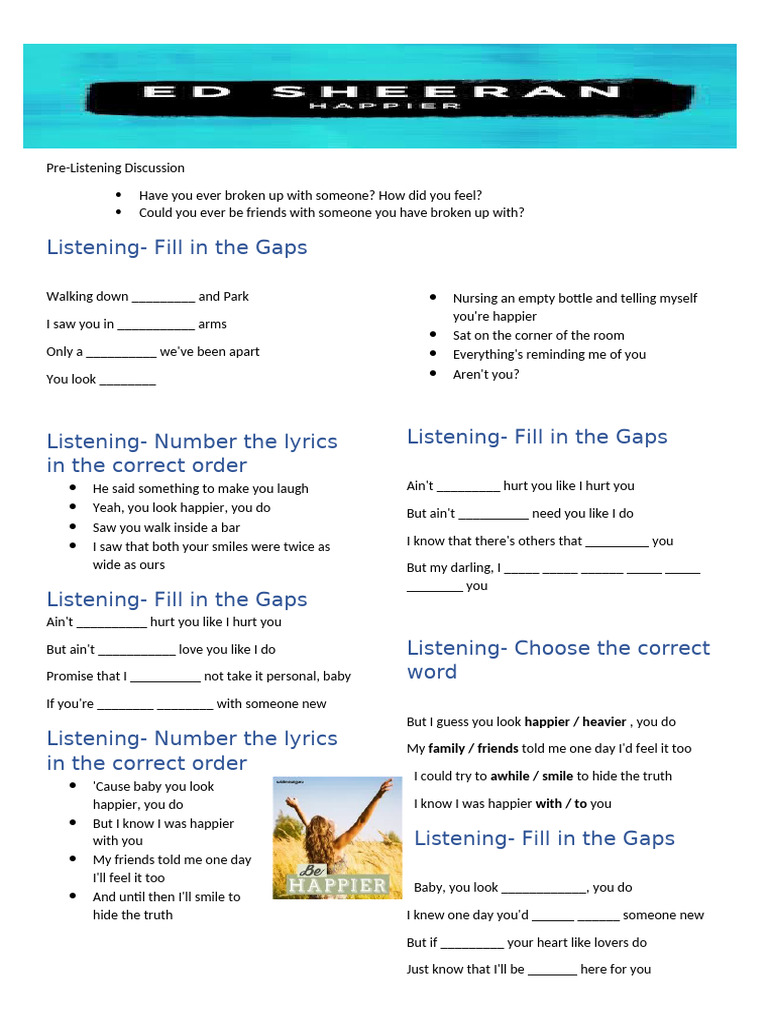 Song Happier by Ed Sheeran Worksheet Templates Layouts - 102209 | PDF