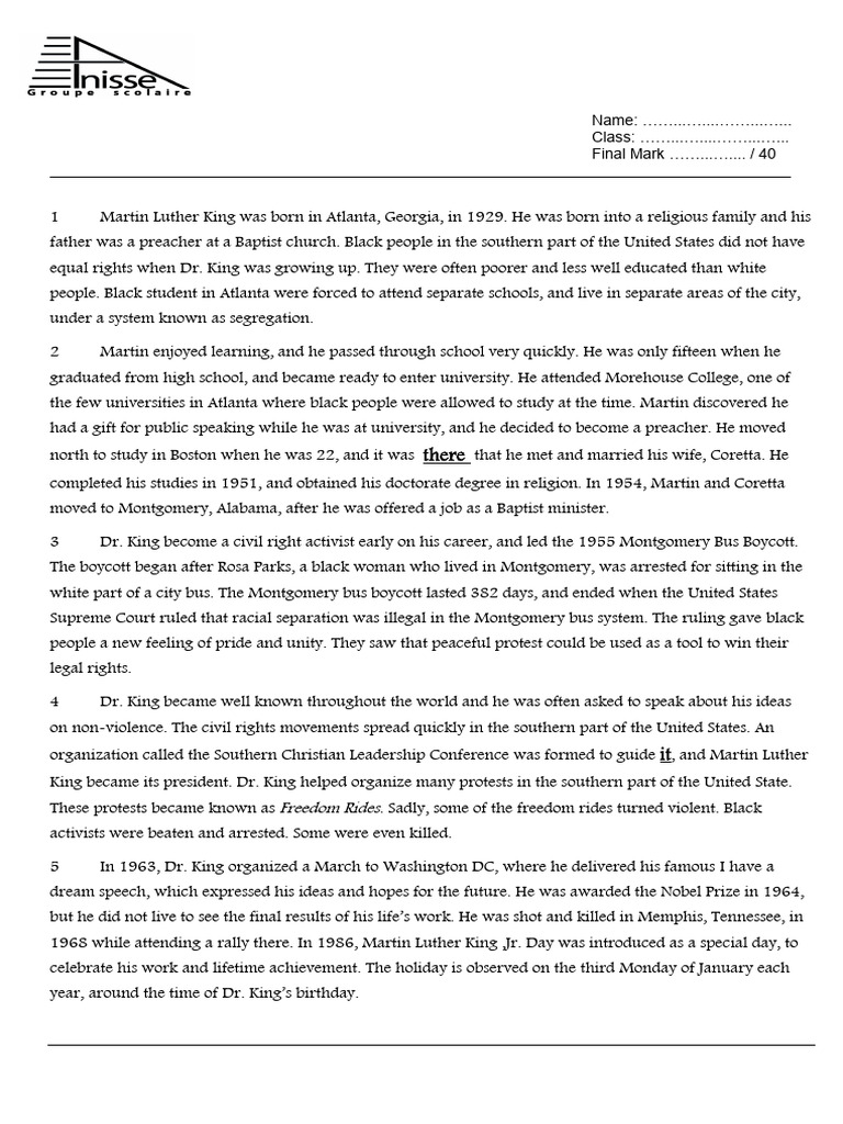 Test 2 Model 1 English 1st Bac First Term | PDF | Martin Luther King Jr ...