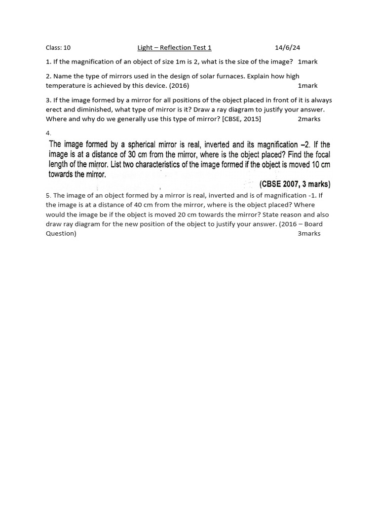Light Reflection Test for Class 10 | PDF