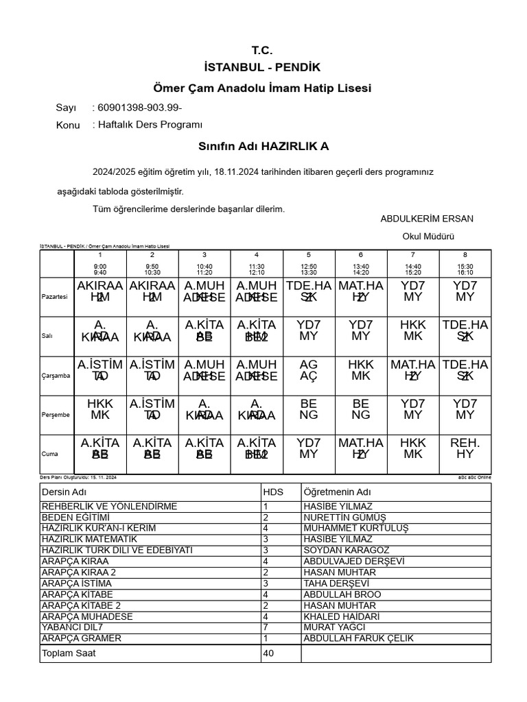 18.11.2024 Ders Programi (Sinif) | PDF