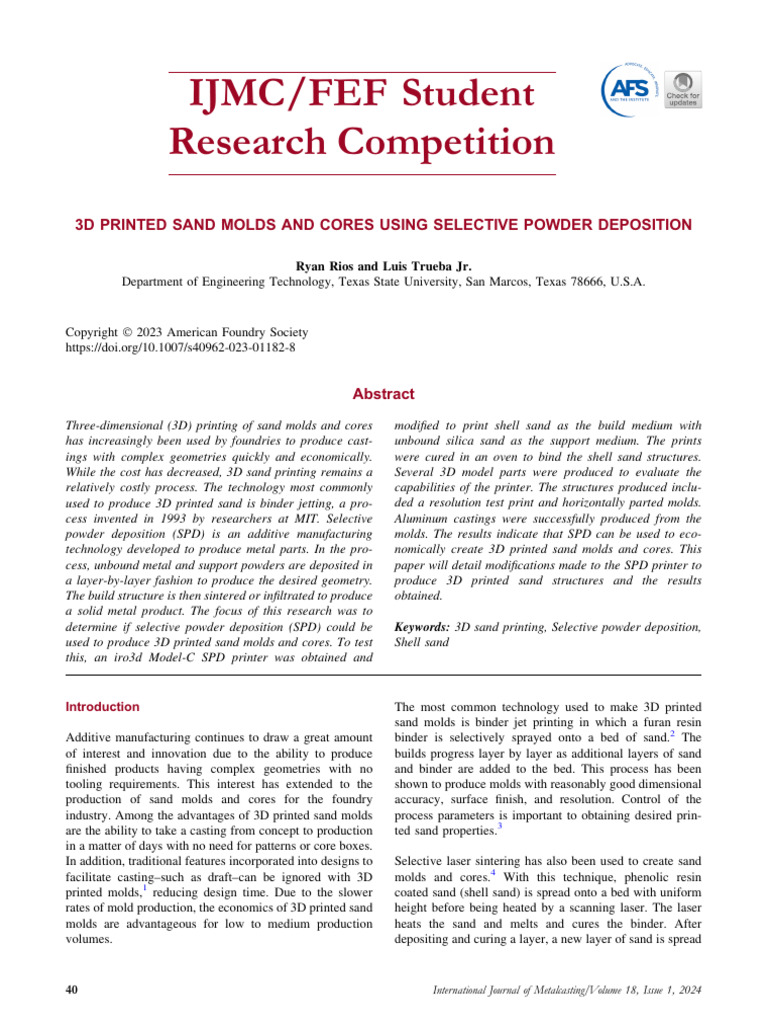 3D Printed Sand Molds and Cores Using Selective Powder Deposition | PDF ...