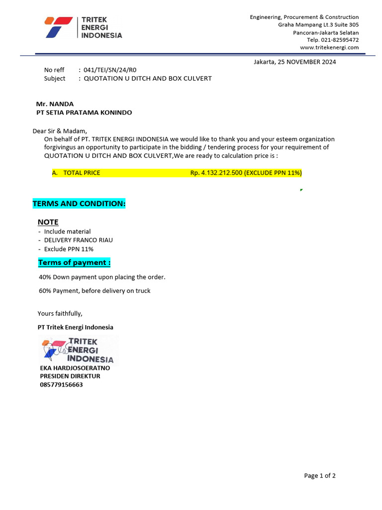 042 R0 Quotation U Ditch and Box Culvert | PDF