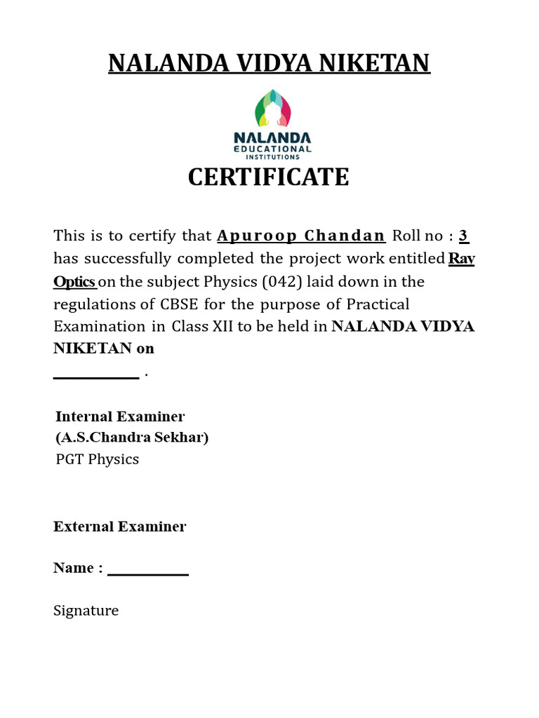 Chandan's Ray Optics Project Certificate | PDF
