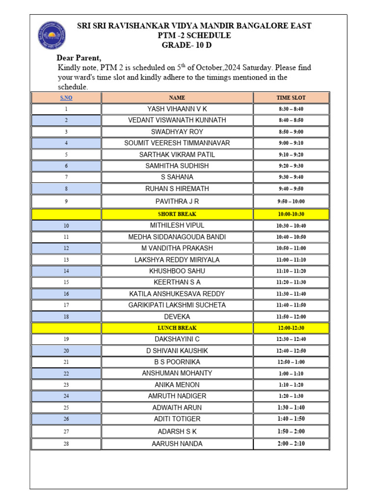 PTM Schedule for Grade 10D - Oct 2024 | PDF