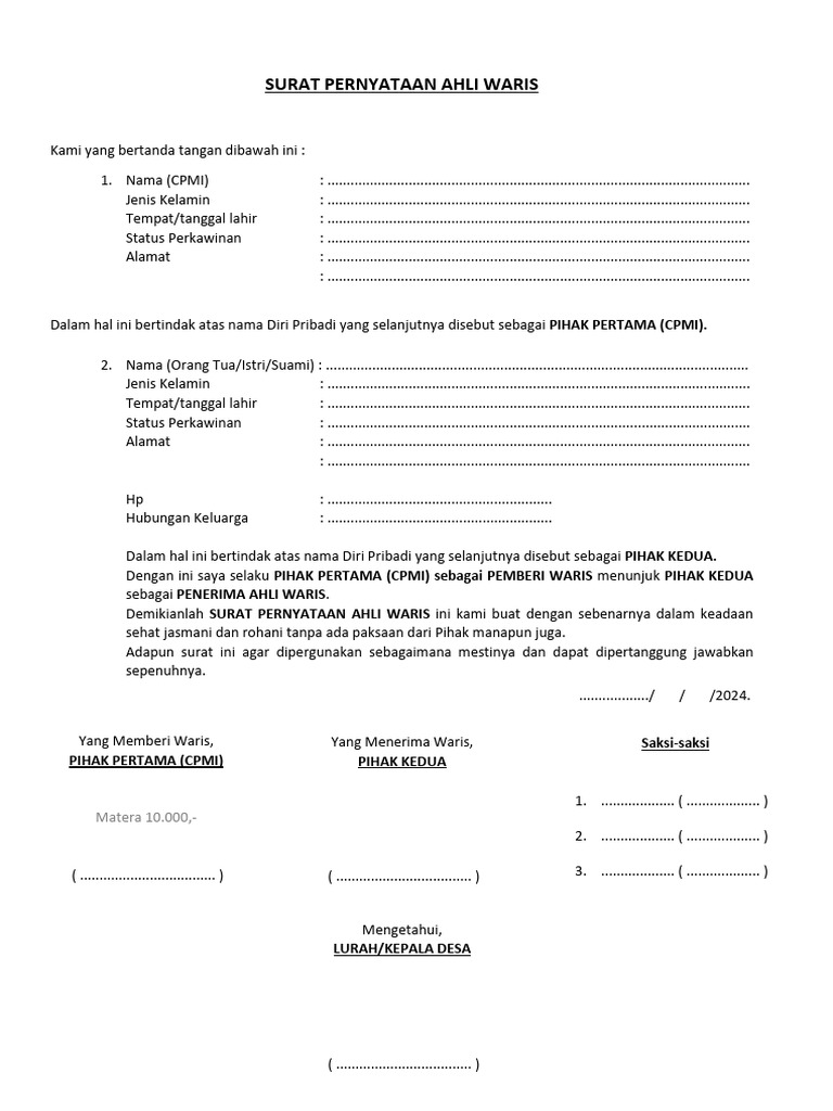 Surat Pernyataan Ahli Waris | PDF