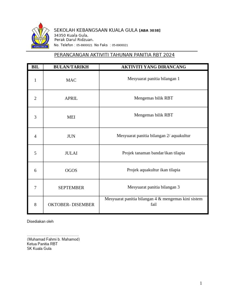 Perancangan Aktiviti Tahunan Panitia RBT 2024 | PDF