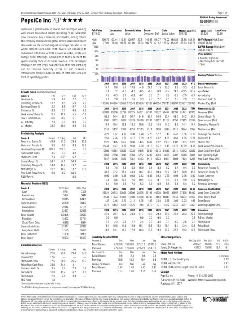 PEP Investment Report | PDF | Pepsi Co | Equity (Finance)