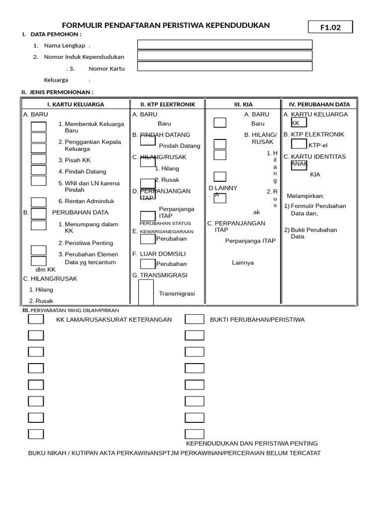 f1.02 Formulir Pendafataran Peristiwa Kependudukan | PDF