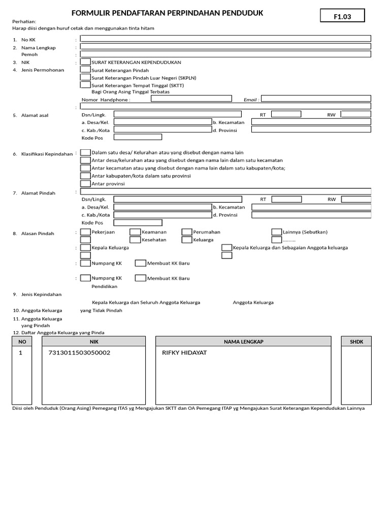 f1.03 Formulir Pendaftaran Perpindahan Penduduk | PDF