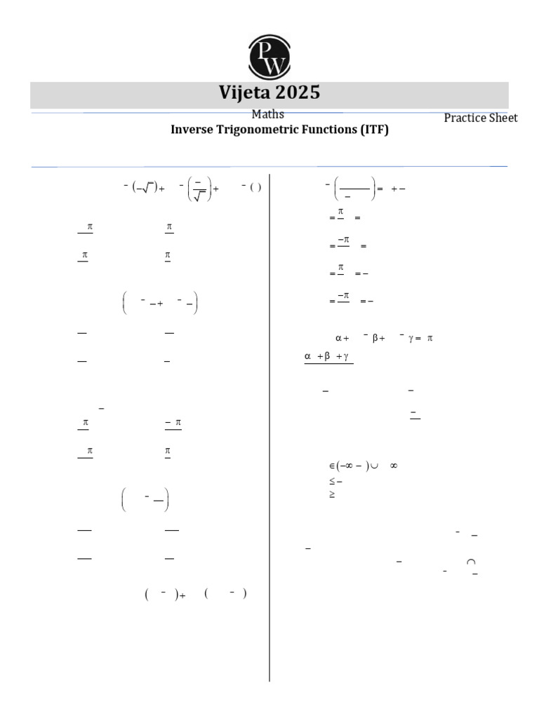 Inverse Trigonometric Functions Itf Practice Sheet Vijeta 2025 Pdf Trigonometric