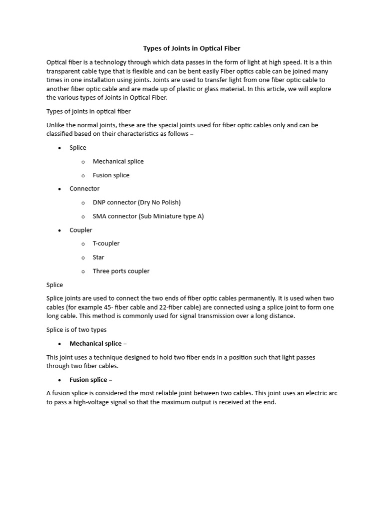 Unit 8 Optical Fiber Splices, Connectors and Couplers Types of Joints ...