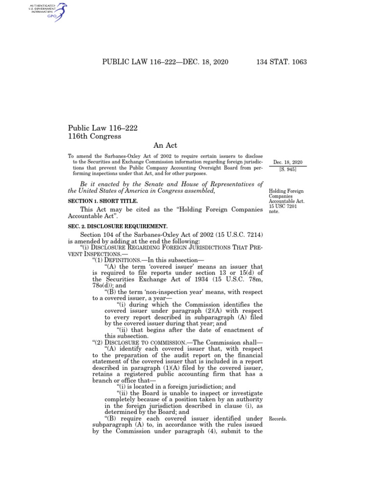 PLAW 116publ222 | PDF | Sarbanes–Oxley Act | United States Code