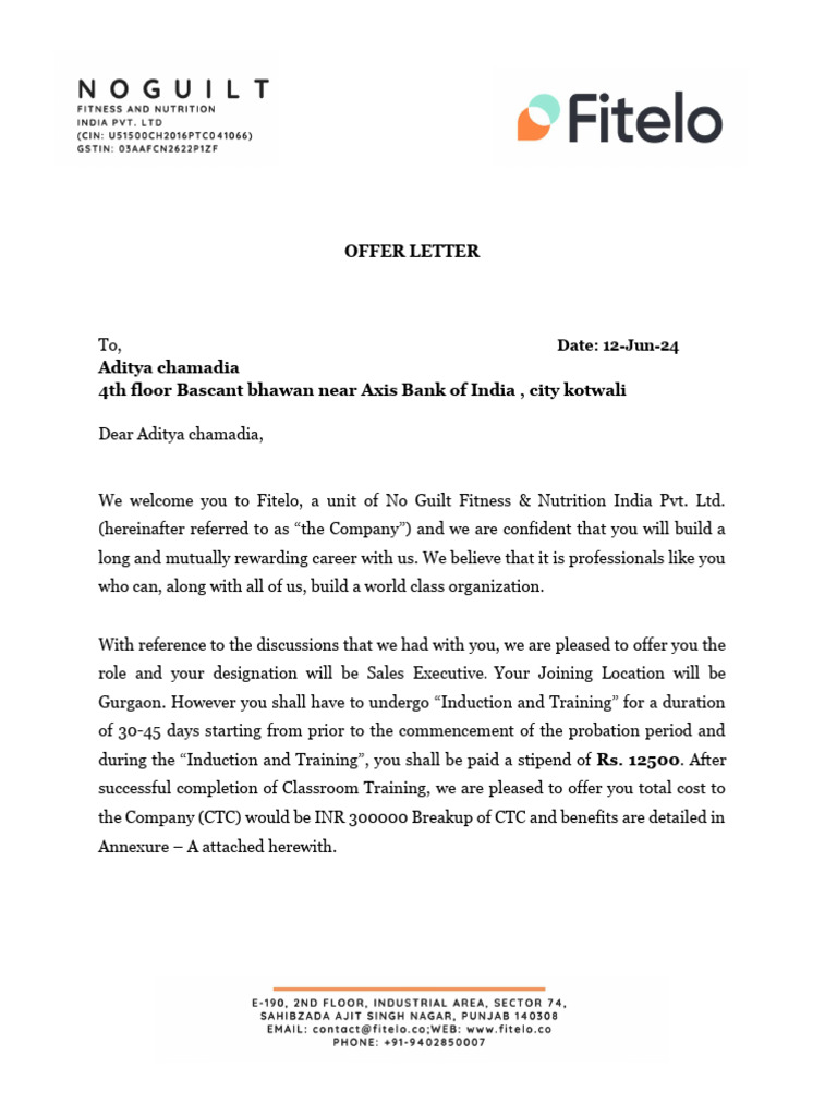 Sales Executive Offer Letter - Fitelo | PDF | Trade Secret | Intellectual Property