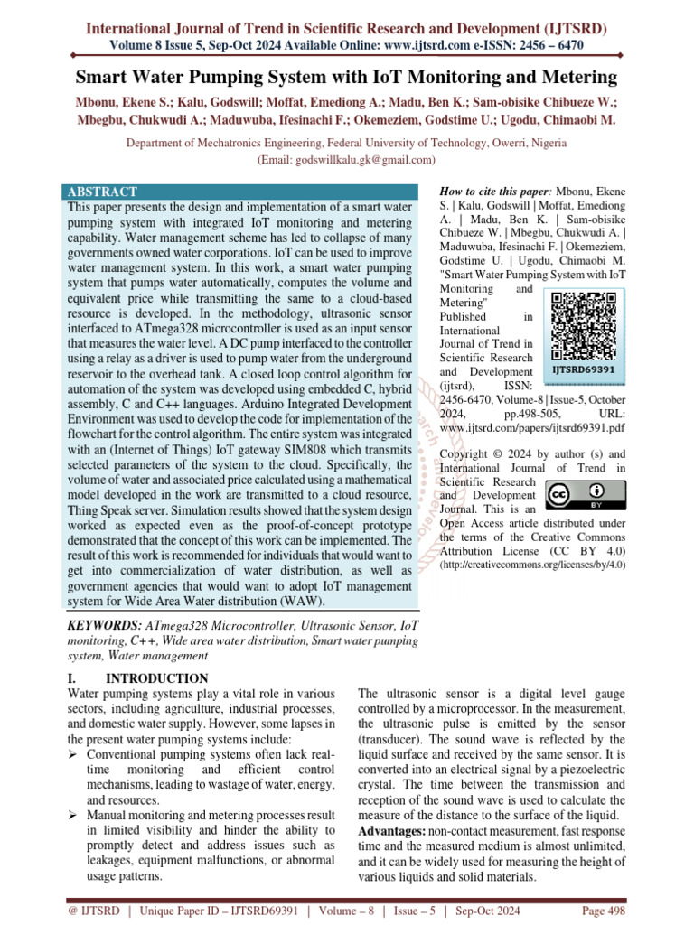 Smart Water Pumping System With IoT Monitoring and Metering | PDF | Internet Of Things | Arduino