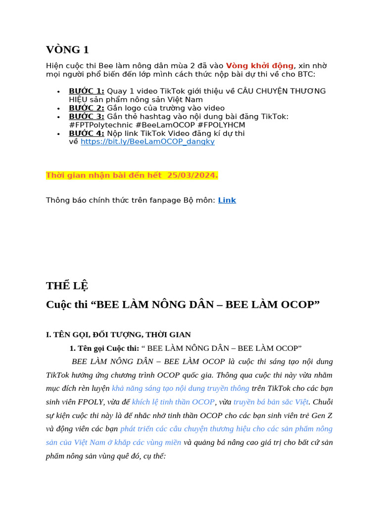 THỂ LỆ cuộc thi BEE LÀM NÔNG DÂN - BEE LÀM OCOP | PDF