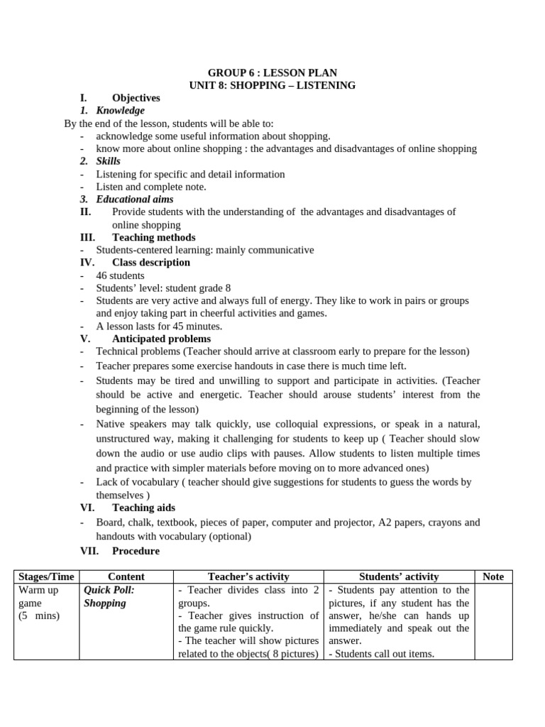Teaching demo lesson plan G6 (in ra ) | PDF | Online Shopping | Teachers