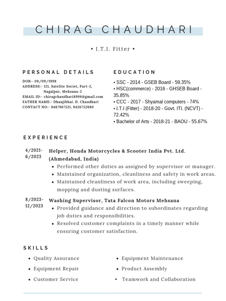 Chirag Chaudhari - ITI Fitter Resume | PDF