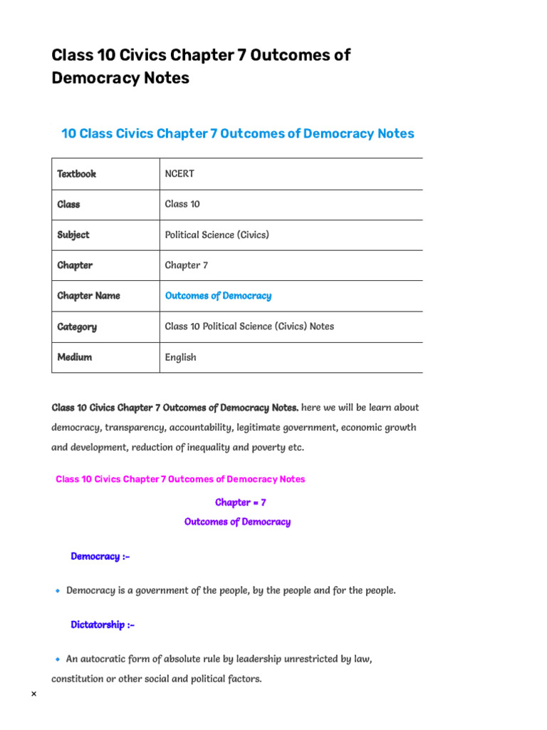 Class 10 Civics: Outcomes of Democracy | PDF | Democracy | Political ...