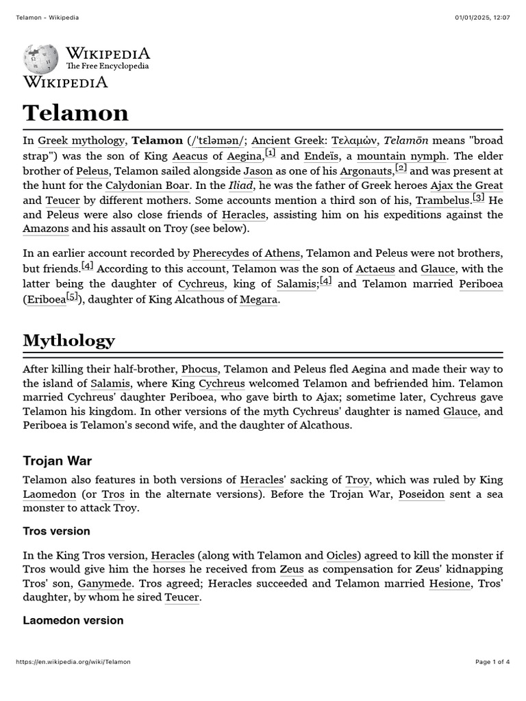 Telamon | PDF | Greek Mythology | Thessalian Mythology
