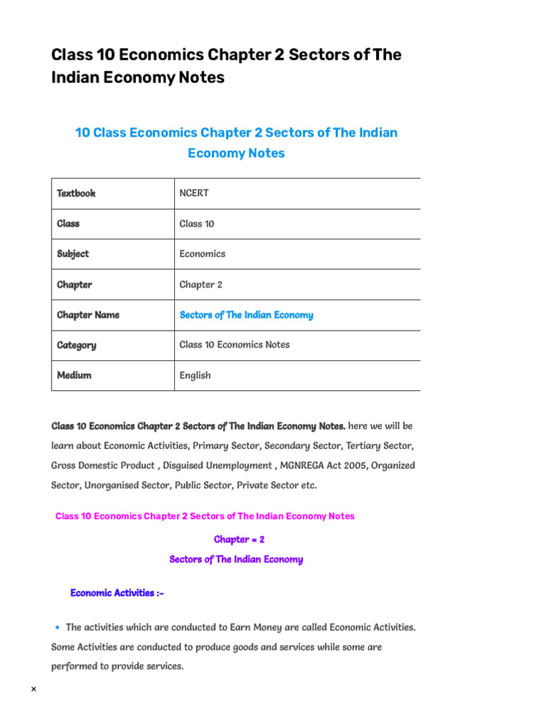 Class 10 Economics Chapter 2 Sectors of The Indian Economy Notes | PDF ...