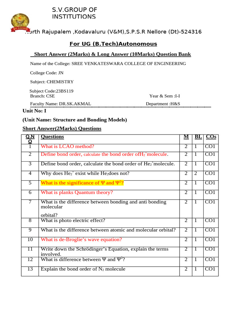 1-1 H&S - Chemistry Questionbank | PDF | Polymerization | Chemical Bond