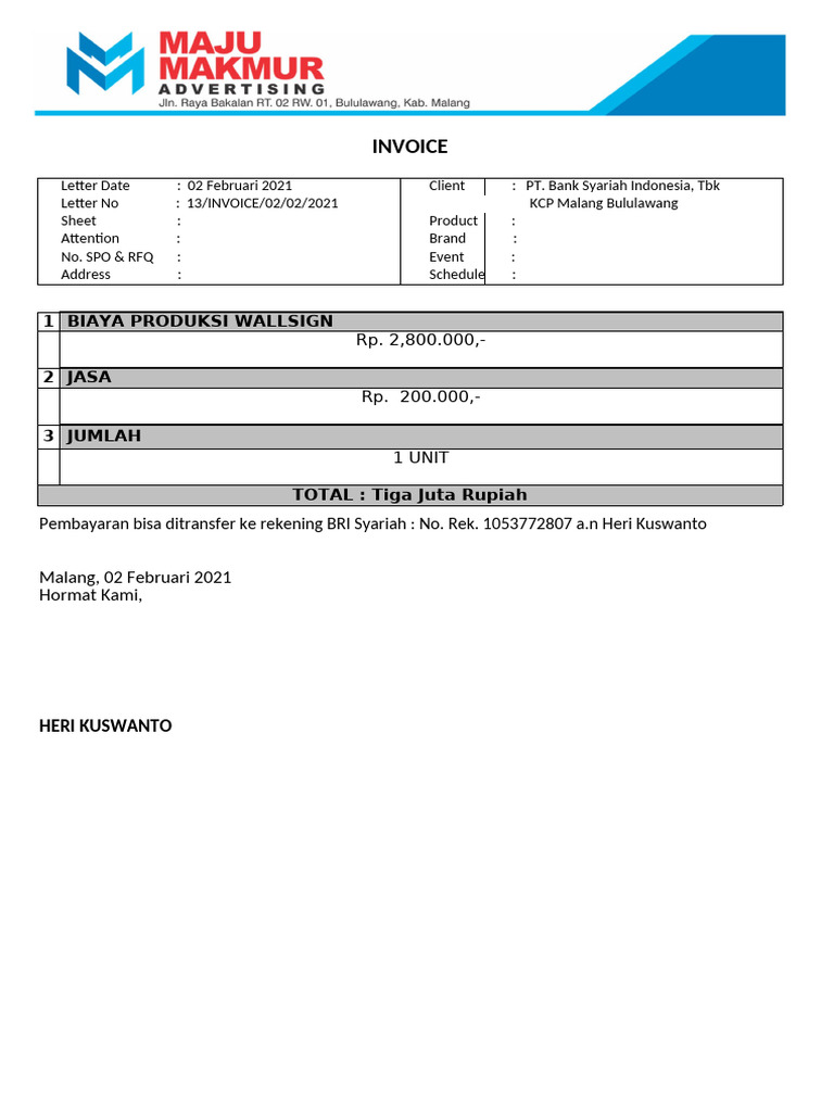Invoice PT BSI: Biaya Produksi Wallsign | PDF