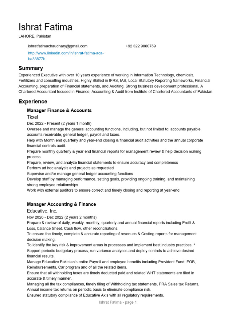 Resume Ishrat Fatima Tree Top Staffing LLC | PDF | Taxes | Audit