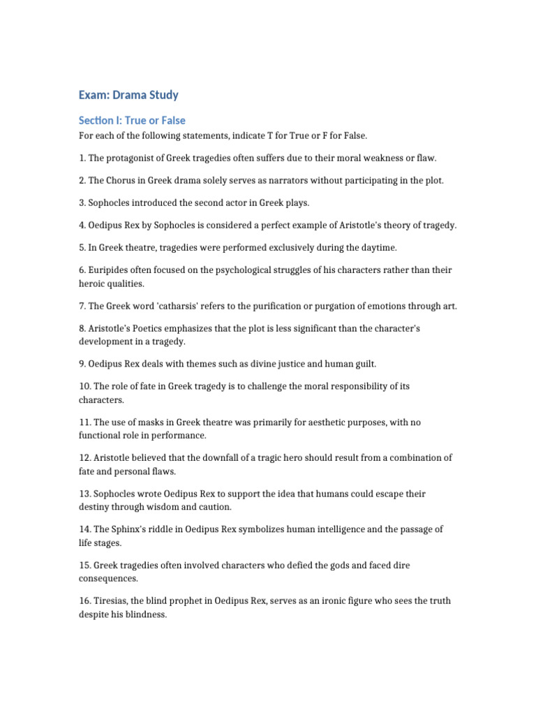 Drama Exam Questions | PDF | Oedipus | Tragedy