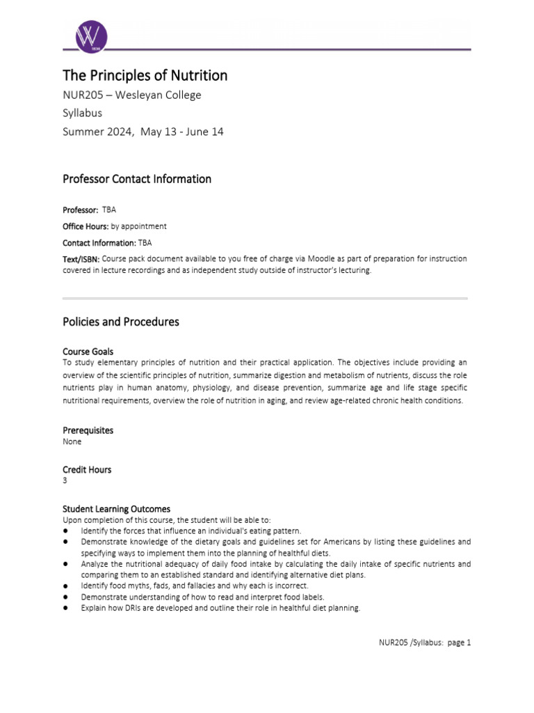 Nutrition Principles Syllabus 2024 | PDF | Nutrition | Diet & Nutrition