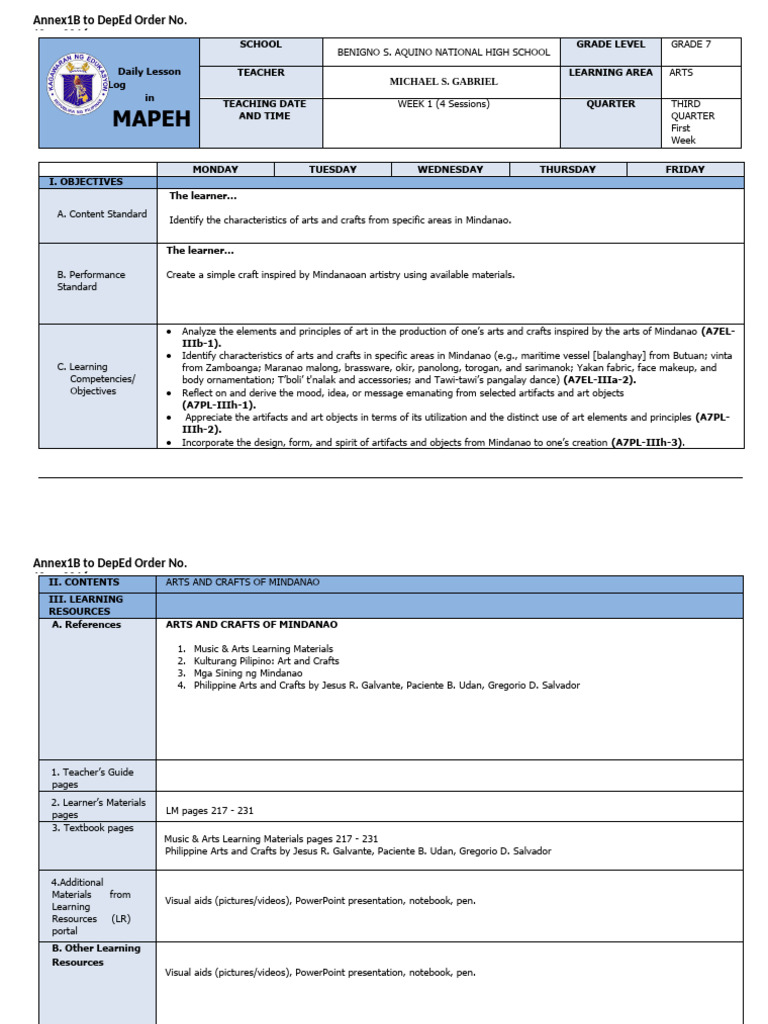 DLL_Grade 7 ARTS 3rd Quater First Week | PDF