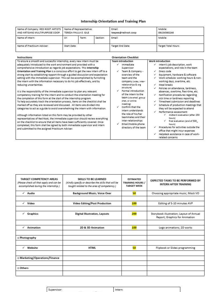 Intern Orientation Checklist for Red Root | PDF