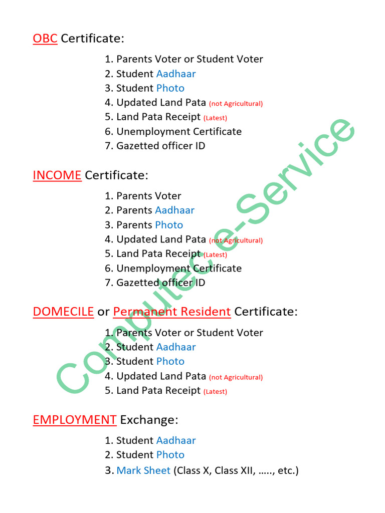 Document Required OBC, Income, Domecile | PDF