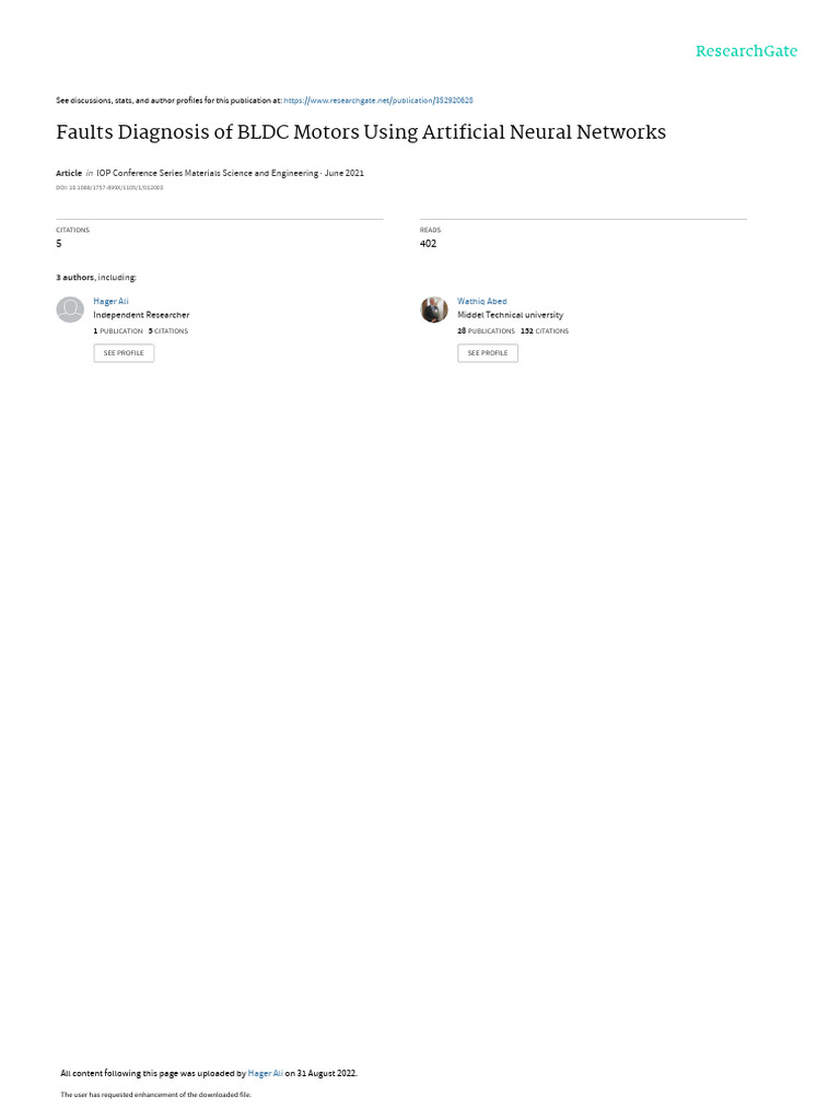 Faults Diagnosis of BLDC Motors Using Artificial N | PDF | Electric Motor | Electrical Engineering