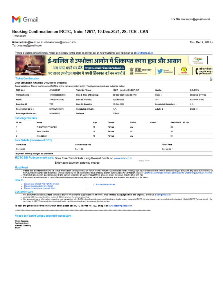Gmail - Booking Confirmation On IRCTC, Train - 12617, 10-Dec-2021, 2S ...