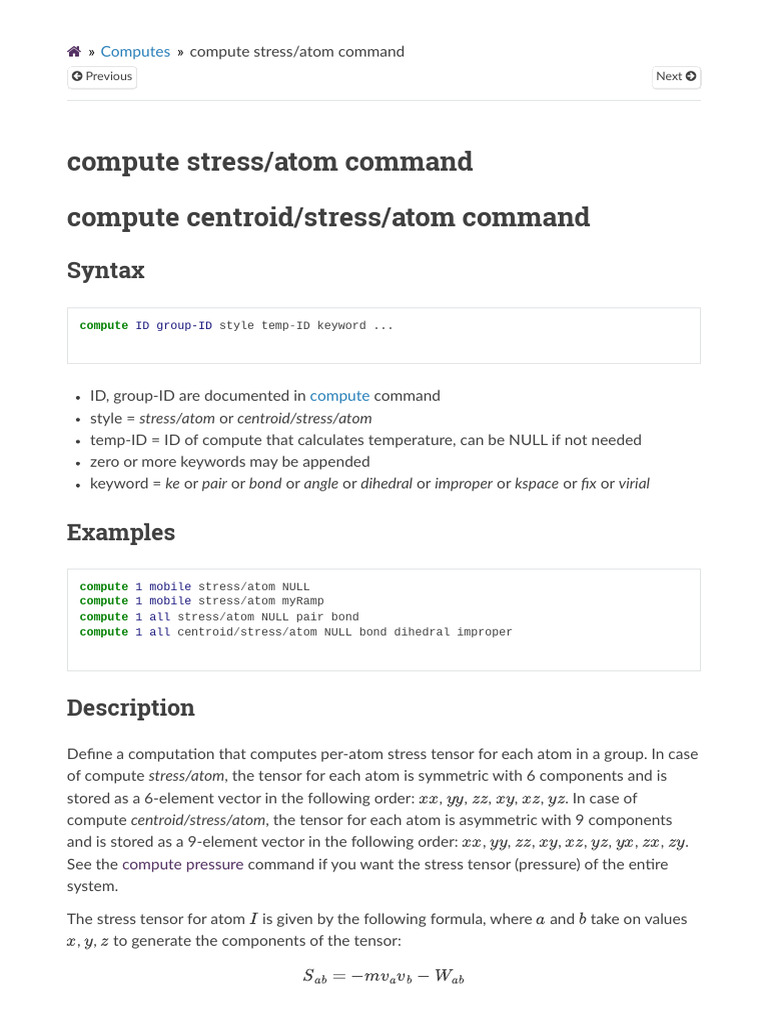 Compute Stress - Atom Command - LAMMPS Documentation | PDF | Stress (Mechanics) | Force