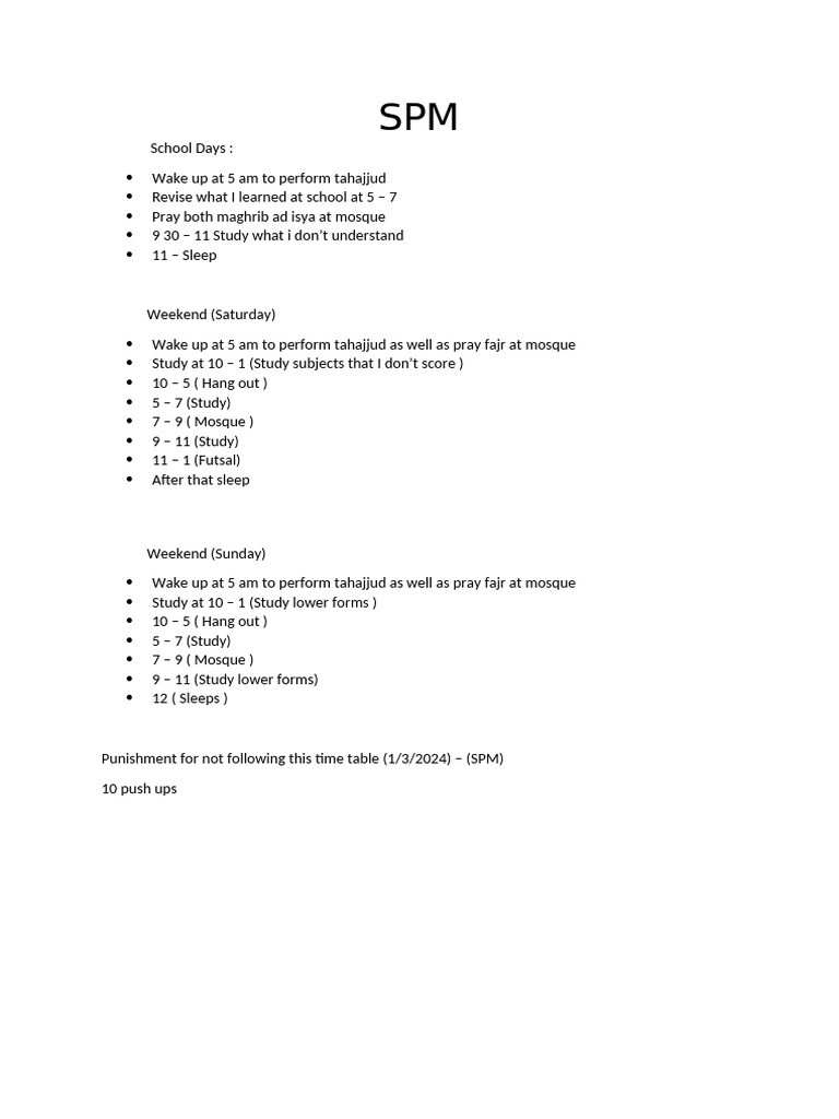 SPM Student Daily and Weekend Routine | PDF